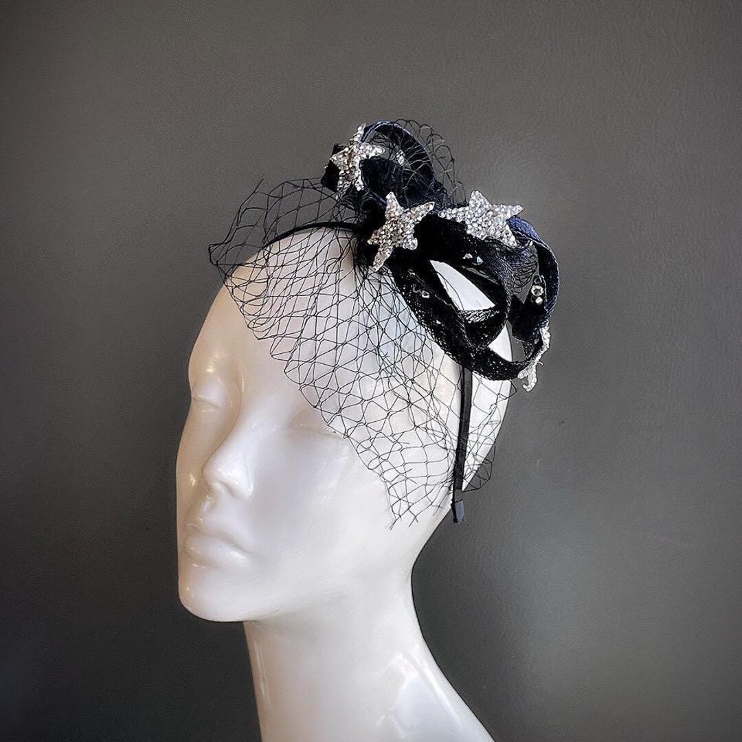 Star Headband Fishnet Veil Headband Black Fascinator Hat Tea Party Hat ...