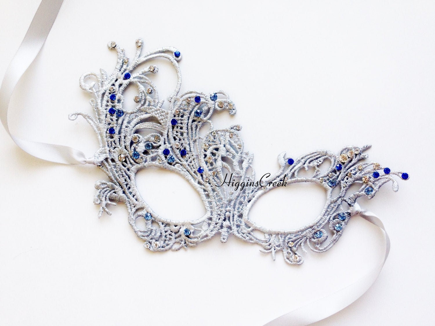 Silver Masquerade Mask Woman With Sapphire Blue Rhinestones L - Etsy