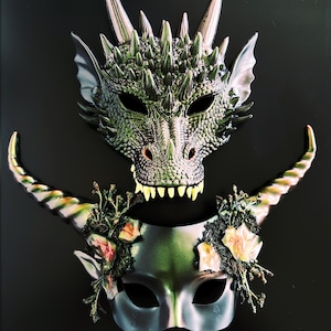Dragon & Faun Masquerade Mask Set, Fantasy Couples Costume With Horns ...