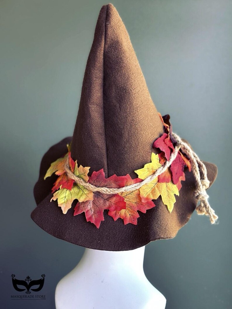 Autumn Warlock Hat With Leaves, Brown Harvest Costume Hat, Pointed ...