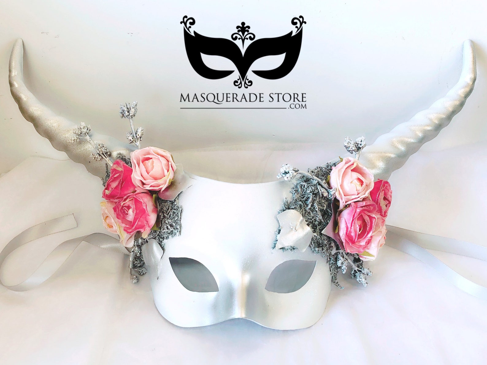 Woodland Fairy White Horned Masquerade Mask With Pink Roses - Etsy