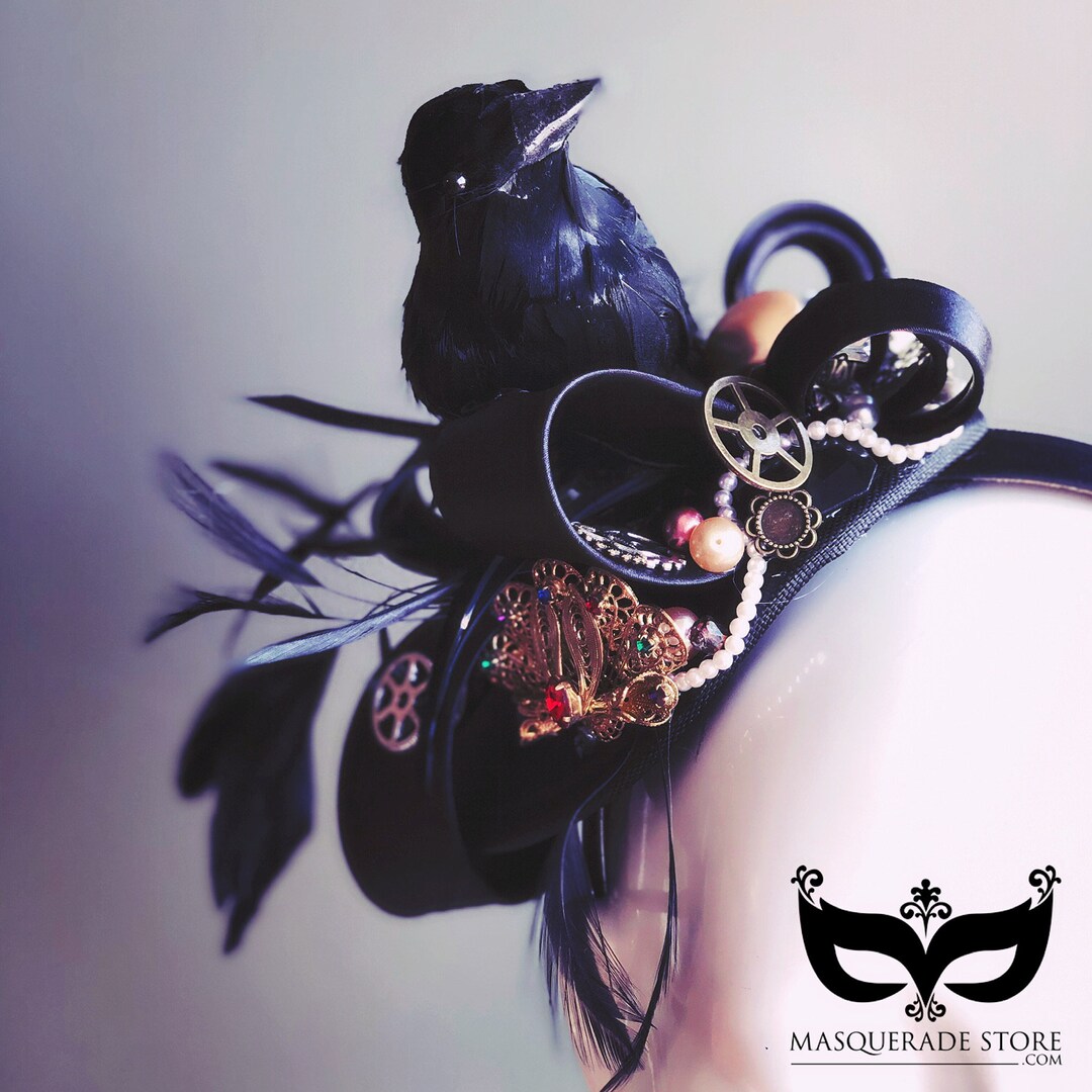 Black Witches Hat Crow Fascinator Hat Halloween Raven Hat Crow Trinkets ...