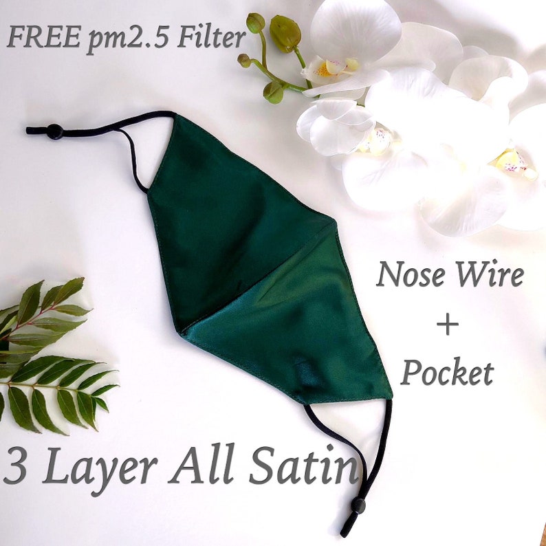 Emerald Green SATIN 3 Layer MASK Satin Face Mask Filter Pocket ...