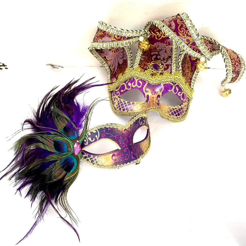 Carnival Jester Masquerade Mask Couples Set With Peacock Feathers ...