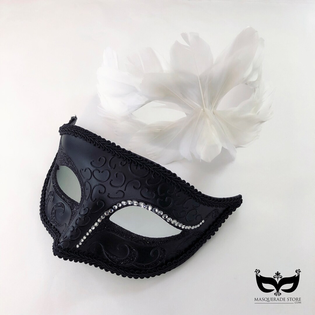 White Feather Masquerade Mask Couples Set, Wedding, Prom, Black Tie ...