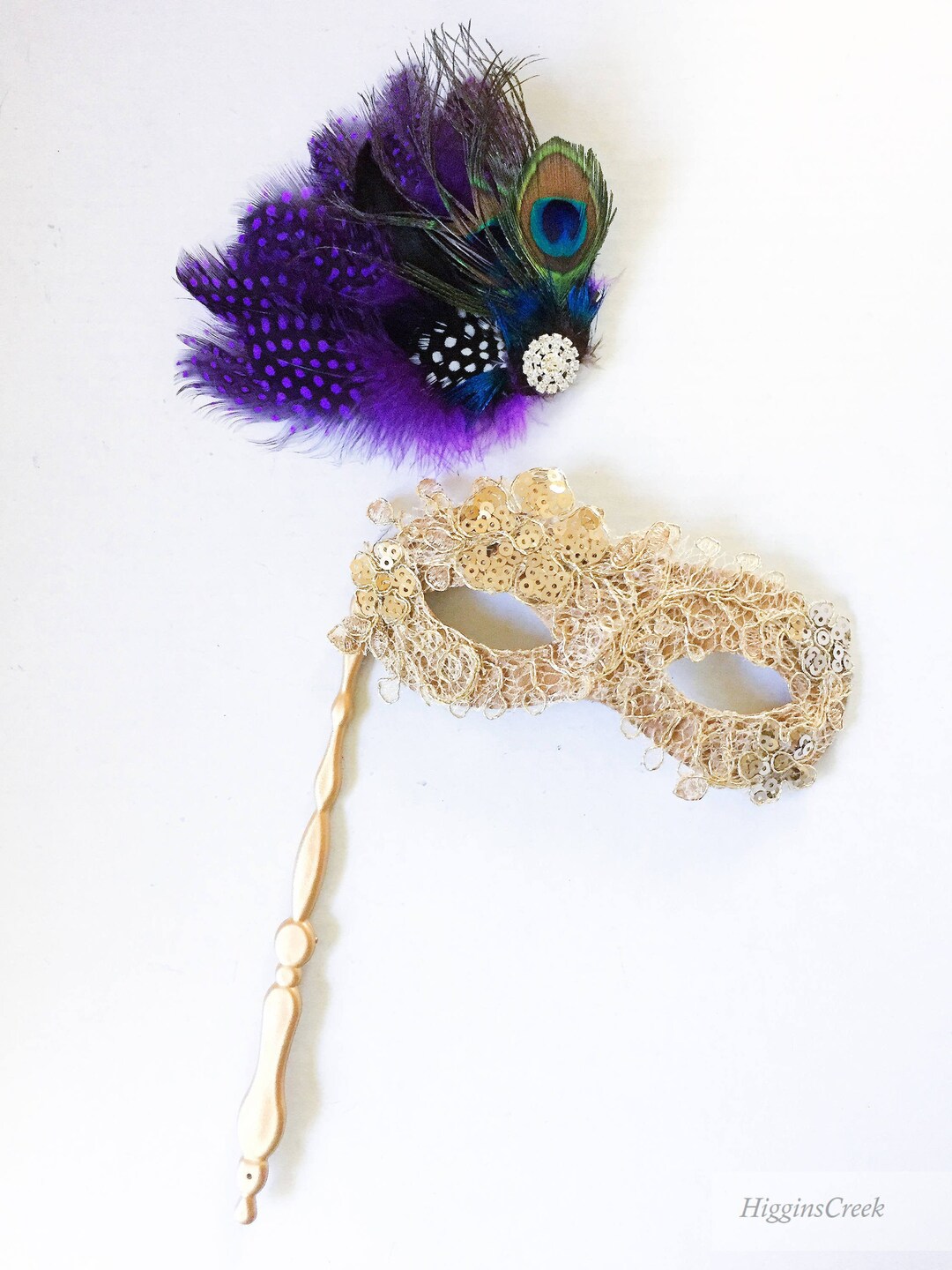Gold Lace Stick Mask With Removable Feather Hair Clip, Masquerade Mask ...
