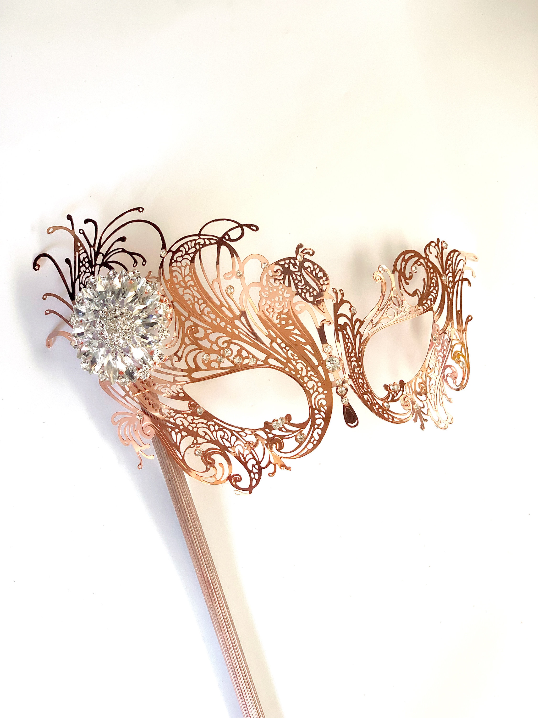 Rose Gold Masquerade Mask With Stick Masquerade Masks Masquerade Masked ...