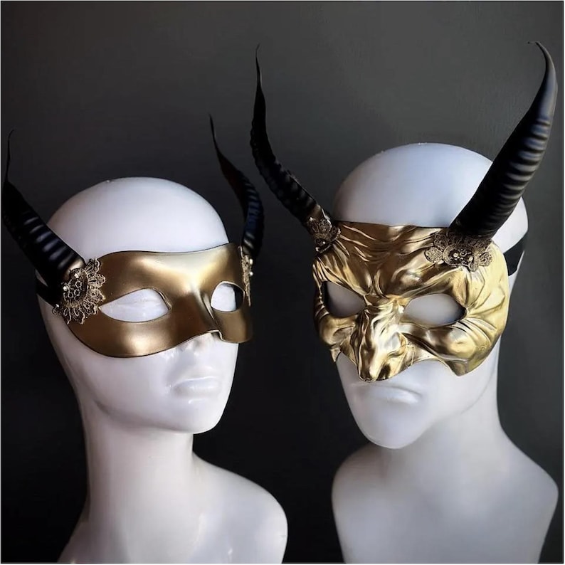 Mens Gold Devil Horn Masquerade Mask for Halloween Cosplay, Mens Demon ...