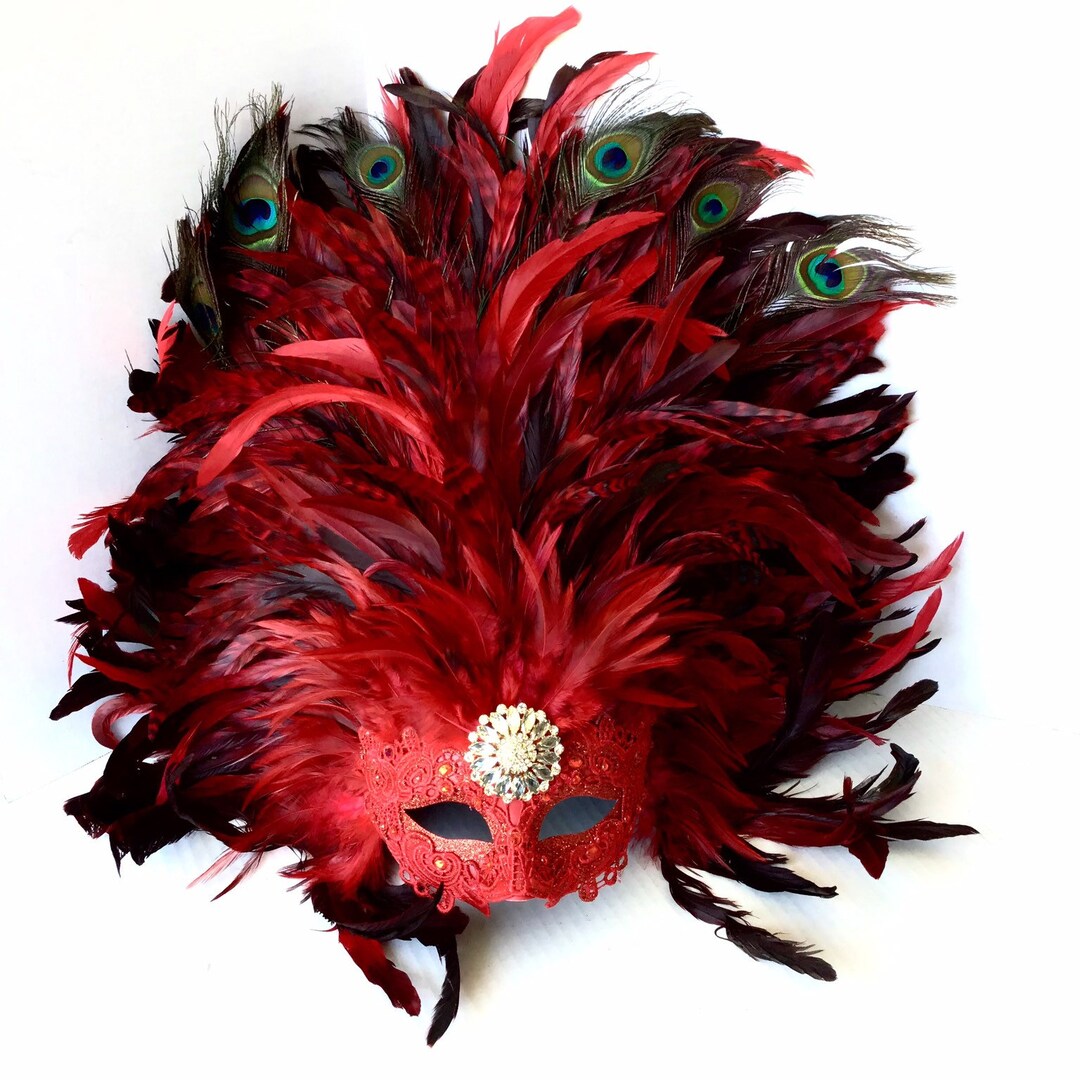Red Feather Masquerade Mask Women Large Oversized Feather Mask Peacock ...