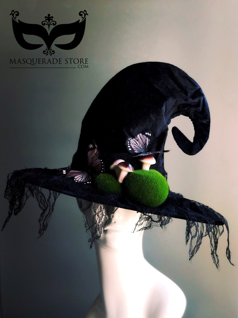Black Witch Hat Curly Tip Nature Inspired Witch Hat, Mushroom and Moss ...