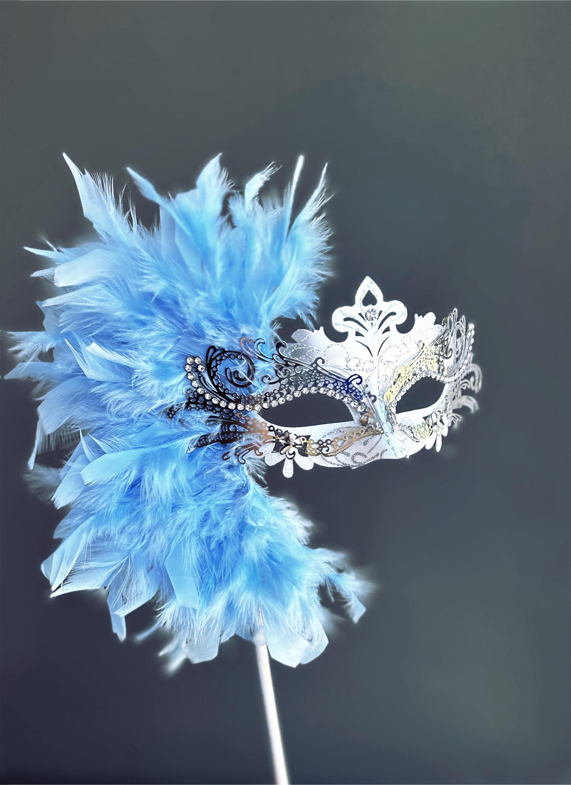 Blue Feather Mask on Stick Masquerade Mask Women Prom Wedding Birthday ...