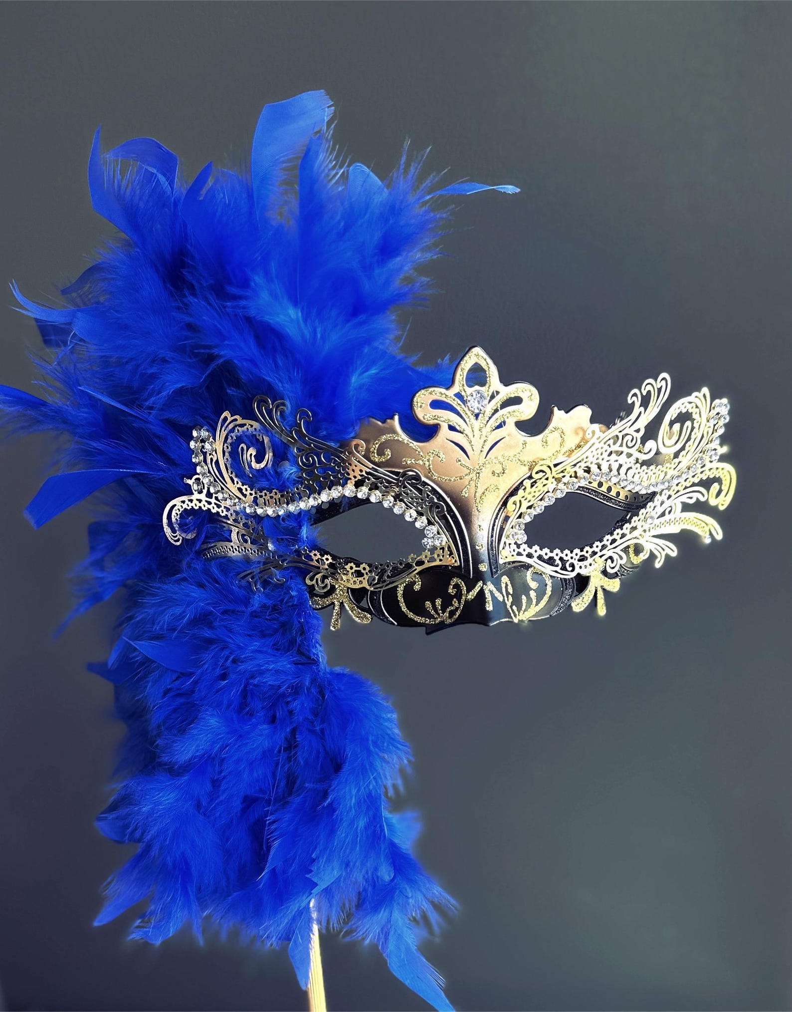 Blue Feather Mask on Stick Masquerade Mask Women Prom Wedding Birthday ...