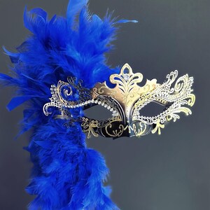 Blue Feather Mask on Stick Masquerade Mask Women Prom Wedding Birthday ...