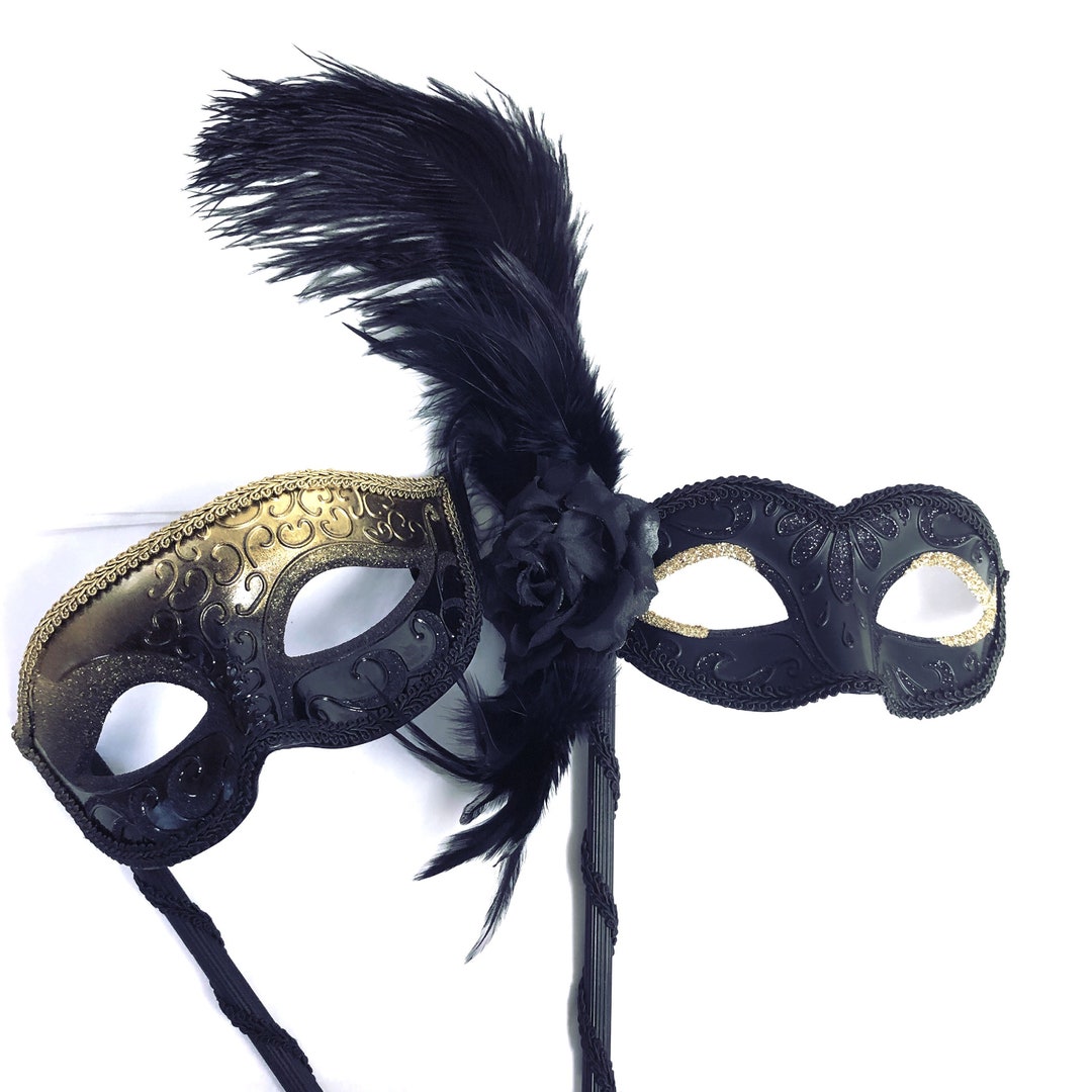 Masks on Stick, Handheld Masquerade Masks Couples Feathers and Gold ...