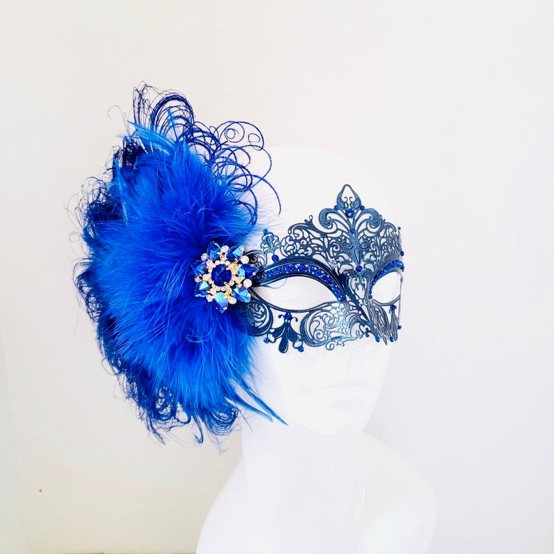 Royal Blue Masquerade Mask Feathers, Royal Blue Masks Women, Blue Metal ...