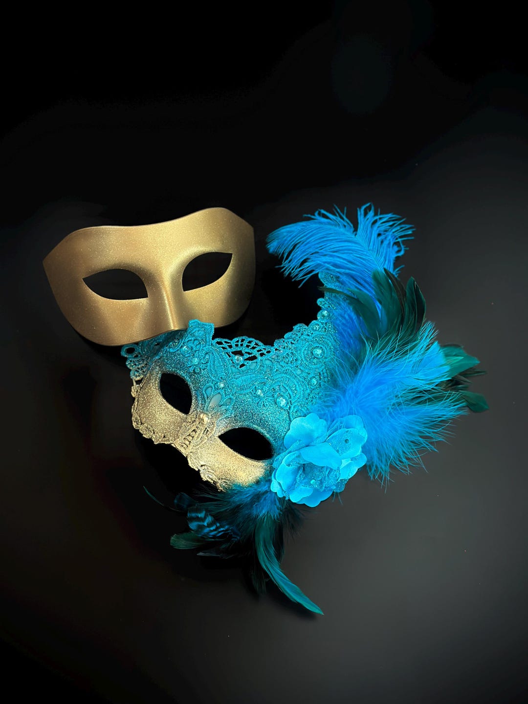 Couples Masks Turquoise Masquerade Mask Pair Golden Venetian Masquerade ...