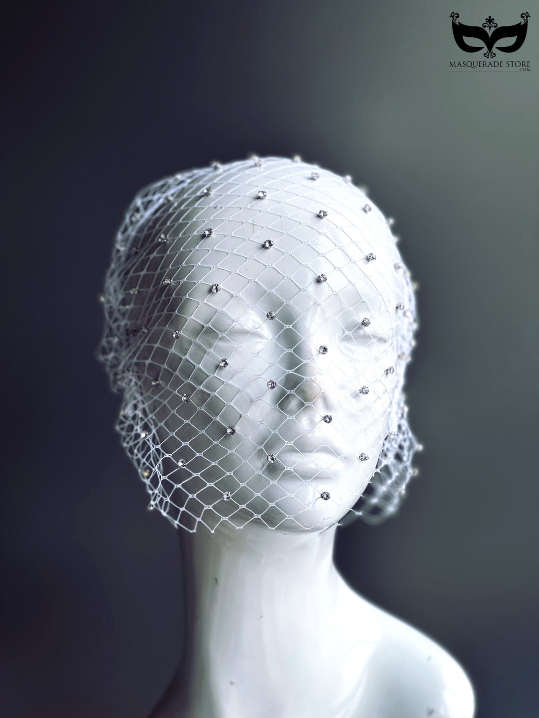 Diamond Studded White Veil Mask, Masquerade Mask, Veil Masquerade ...