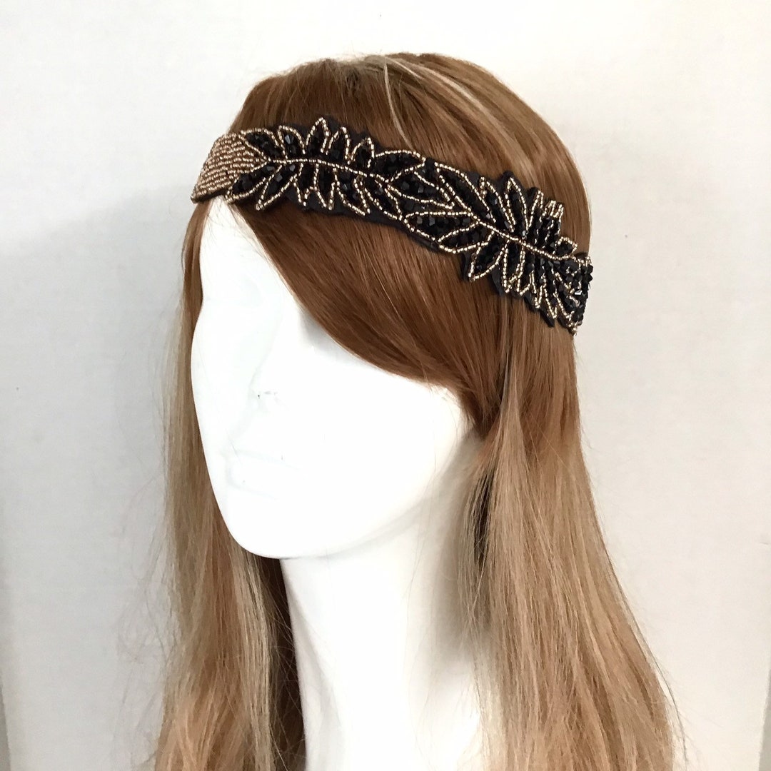 Black Gold Beaded Flapper Headband | Black Gold Jewel Headpiece ...
