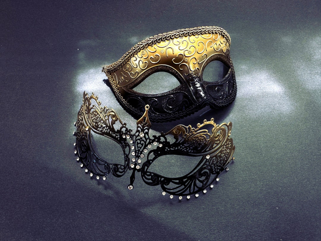 Masquerade Couples Mask, Gold Black Venetian Masks, Crystal Mask ...