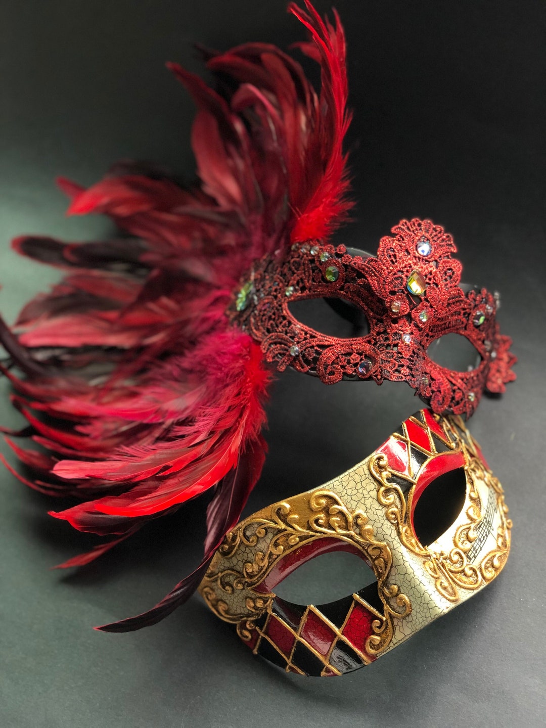 RED Masquerade Ball Masks Couples Set - Feather Mask Women Venetian ...