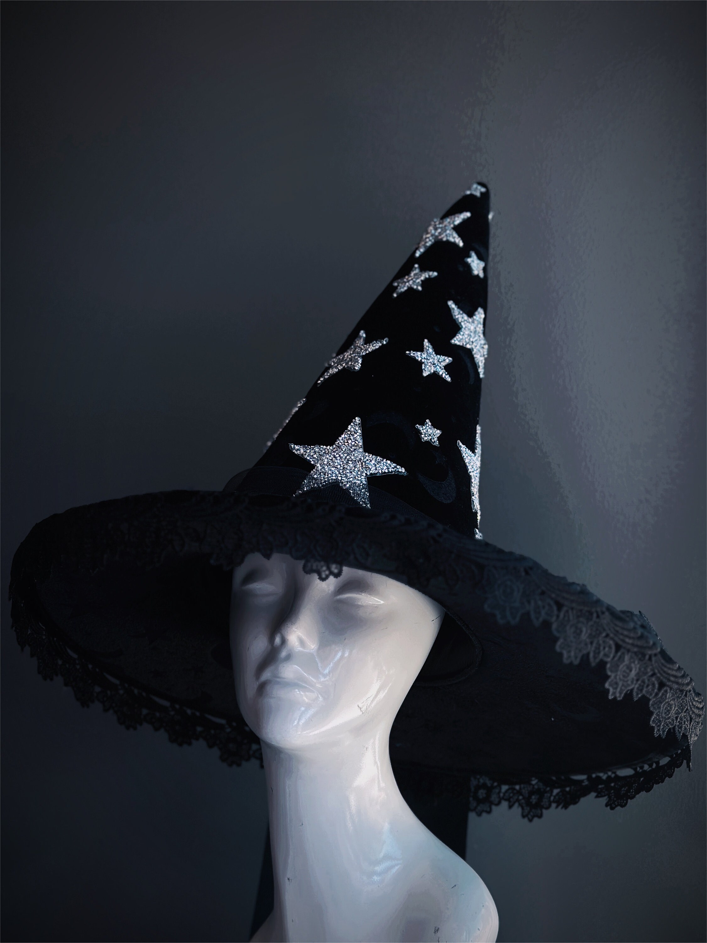 Black Witch Hat - Pointy Wide Brim - Star Constellation Witches of ...