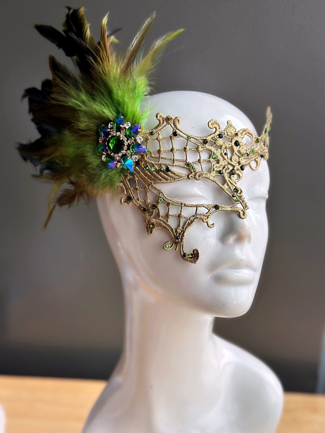 Gold Green Feather Lace Eyeglass Masquerade Mask - Etsy