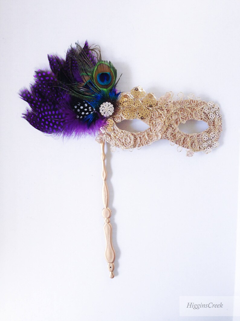 Gold Lace Stick Mask With Removable Feather Hair Clip, Masquerade Mask ...