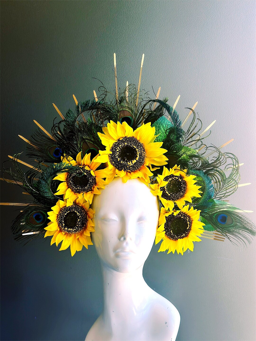 Sunflower Headpiece - Yellow Flower Halo Crown - Peacock Headdress ...