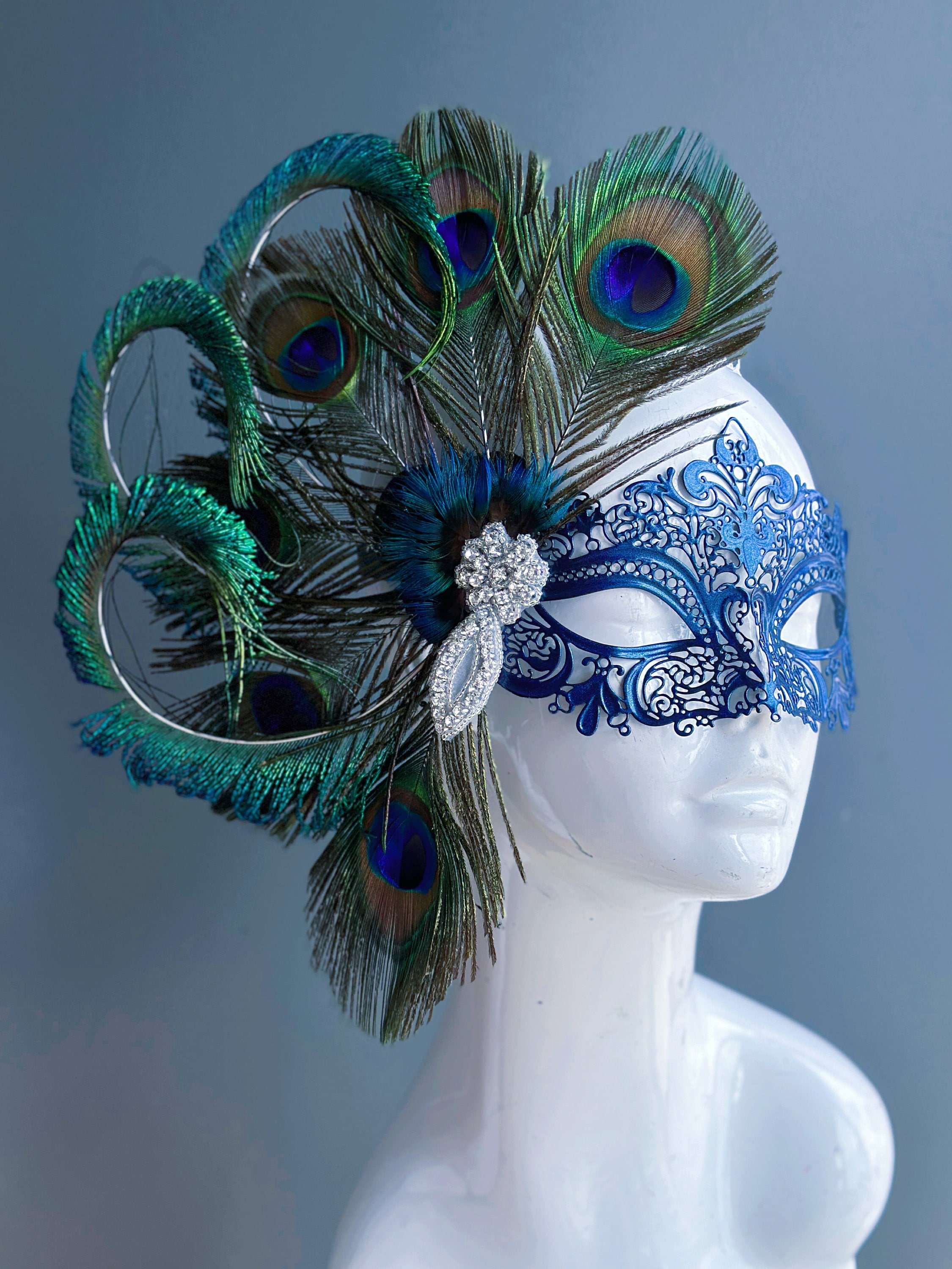 Peacock Feather Masquerade Mask, Venetian Full Feather Mask, Carnival ...
