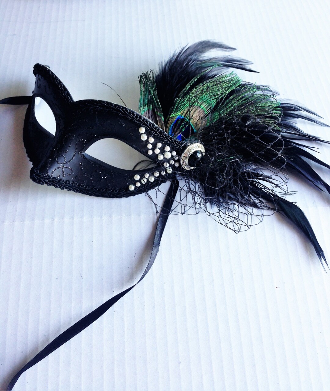 Peacock Feather Masks, Pearls and Tulle Black Venetian Womens ...