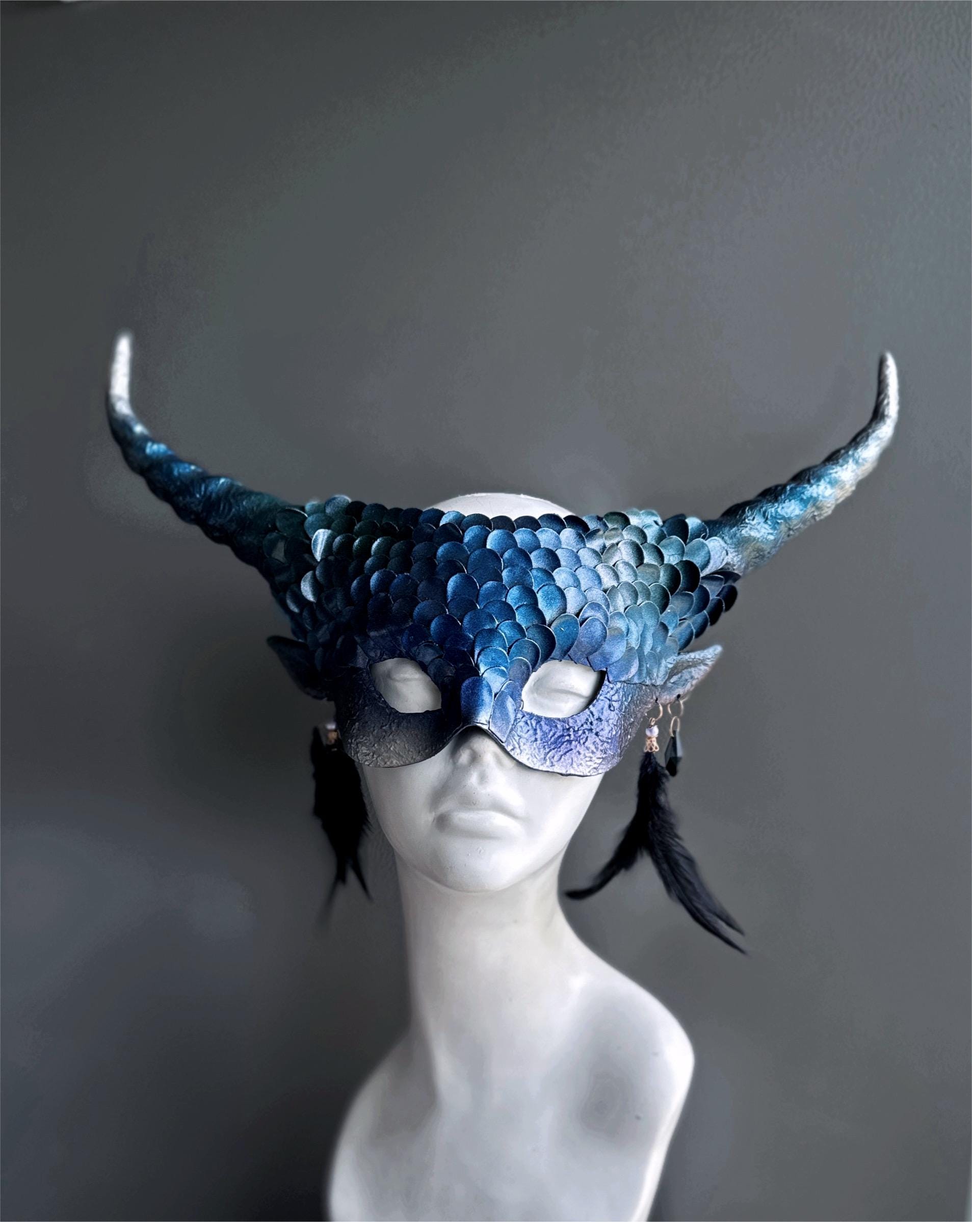 Blue Mermaid Dragon Horn Mask for Halloween Cosplay, Gothic Scales ...