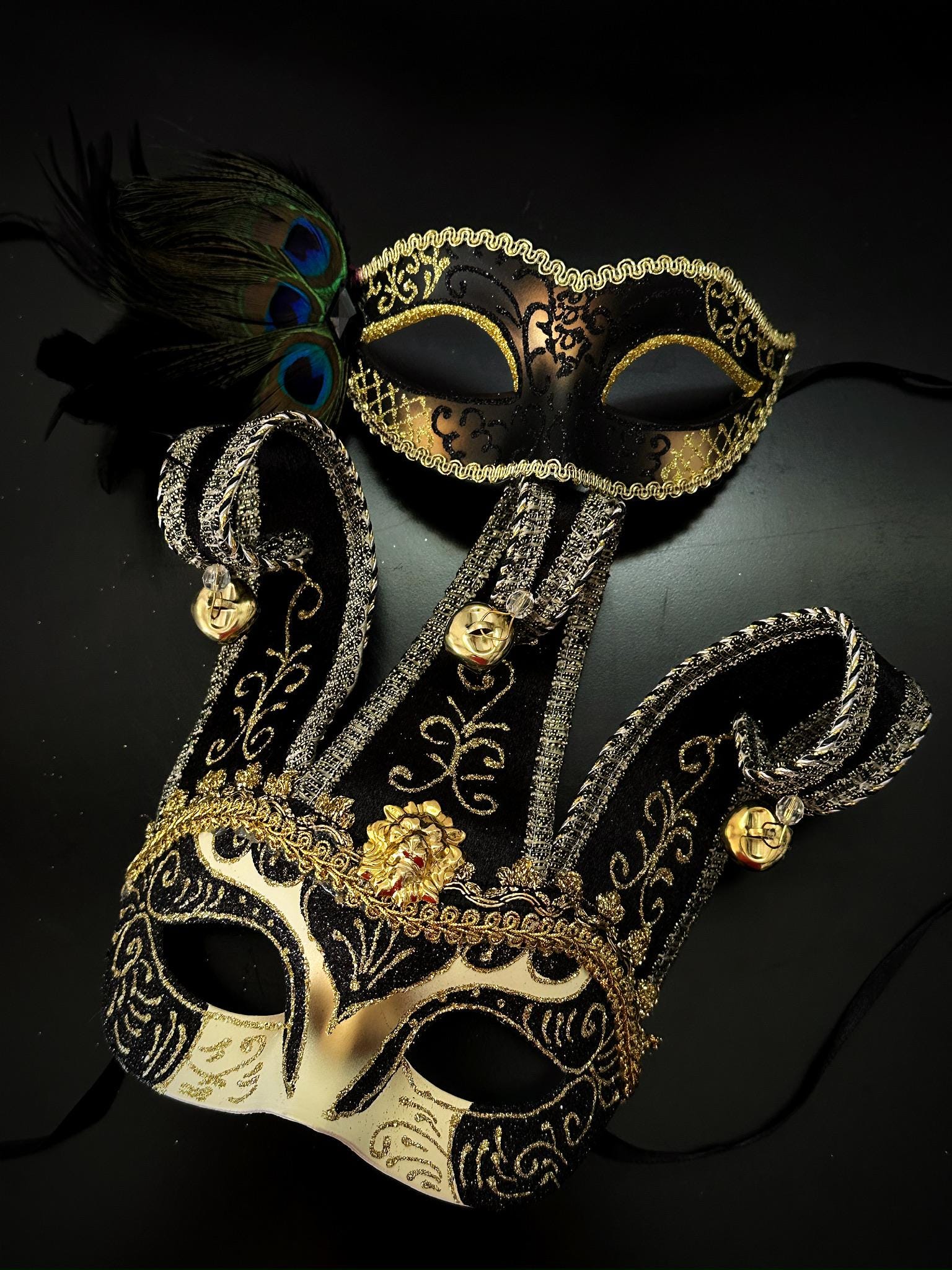 Black Gold Jester Mask - Mens Jester Masquerade, Jolly Joker, Venetian ...