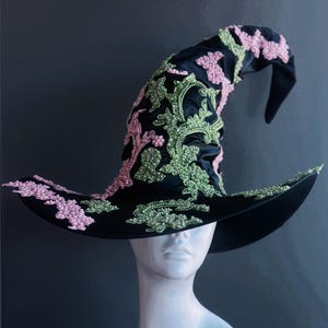 Pink Green Embroidered Vines Black Witch Hat With Curled Tip for ...