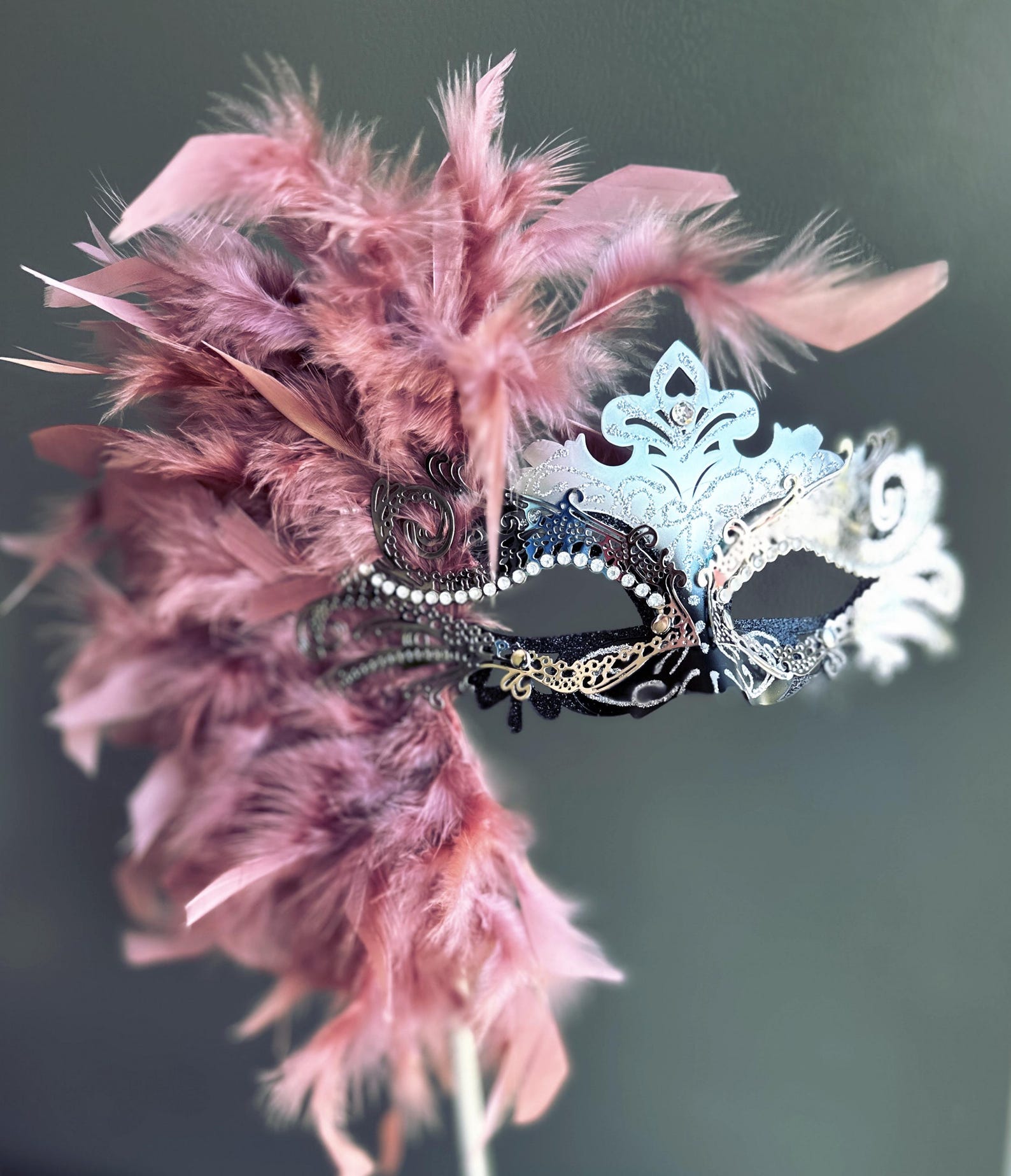 Blue Feather Mask on Stick Masquerade Mask Women Prom Wedding Birthday ...