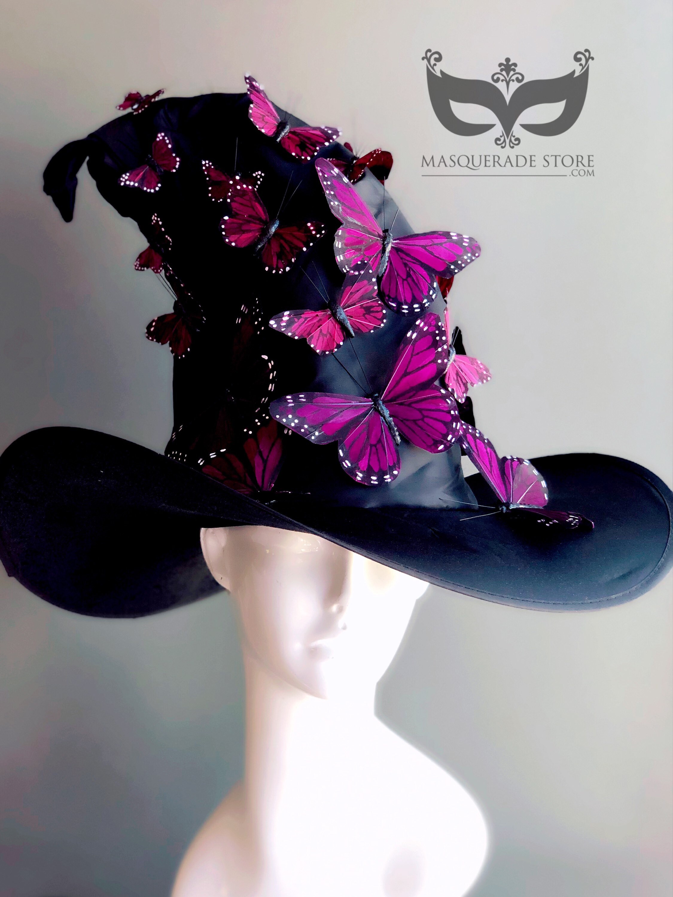 Black Witch Hat With Veil, Wizard Hat, Butterfly Witches Hat, Salem ...