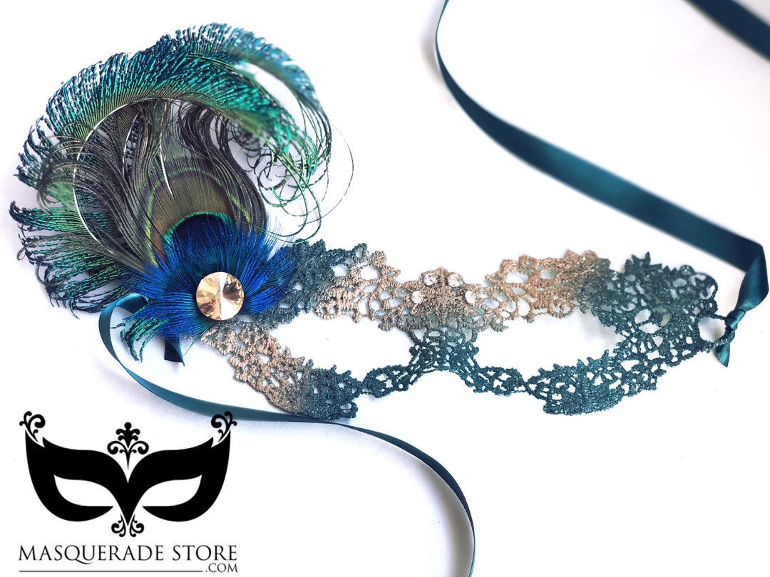 Teal Masquerade Mask Woman Lace Mask Teal Feather Mask, Teal Venetian ...