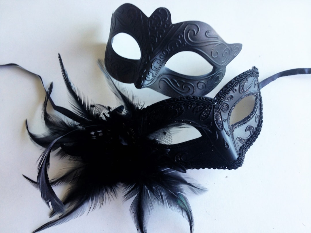 Black Masquerade Masks Couples Mask Pair Women Mask With Feathers Mens ...