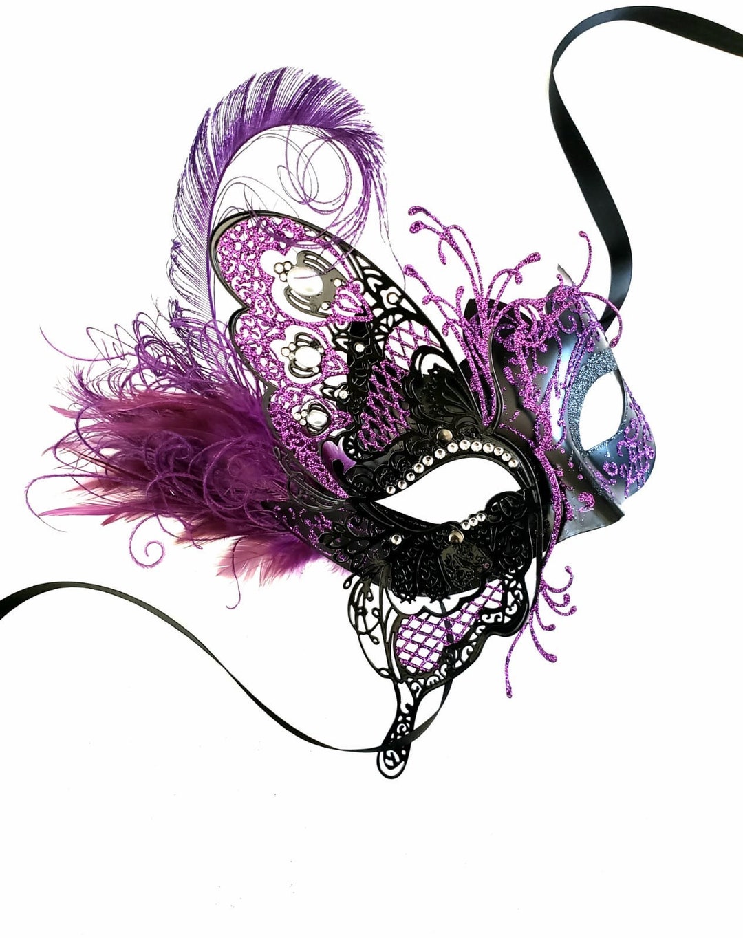 Purple Masquerade Mask Women, Purple Feather Mask, Purple Black ...