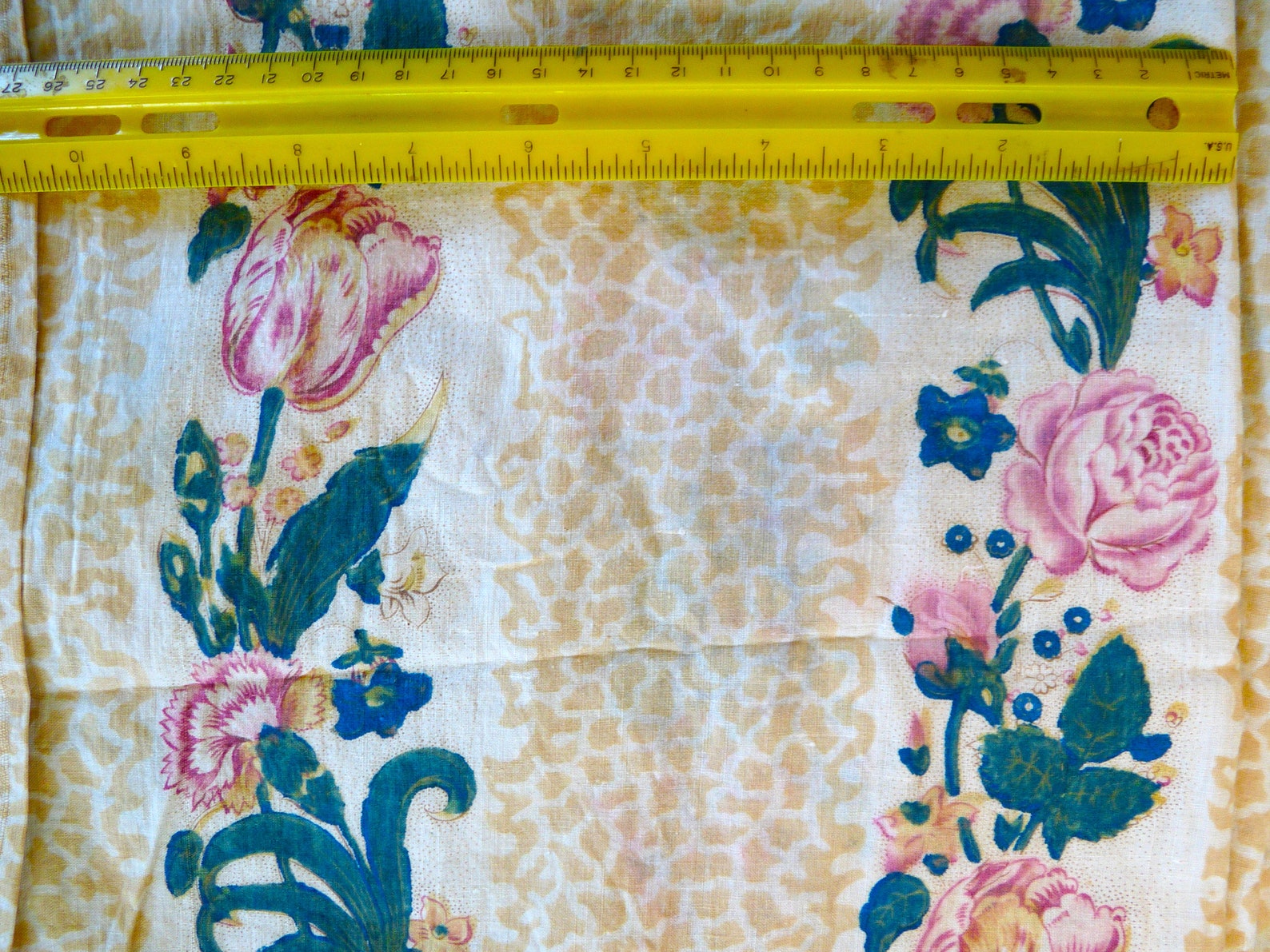 2 Antique Cotton Muslin Fabric Panels Hand Block Stripe Floral Tulip ...