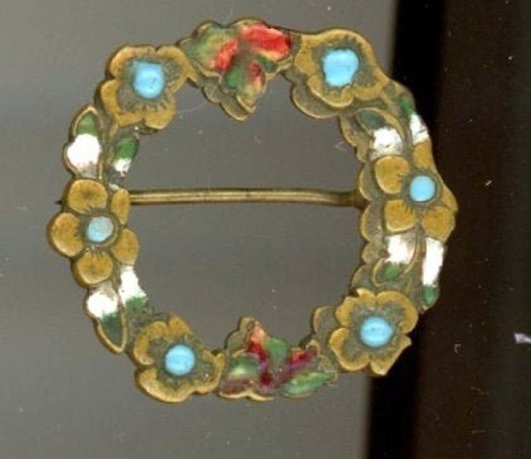 Victorian Antique Wreath Brooch Pin Brass Glass Enamel Flowers Floral ...