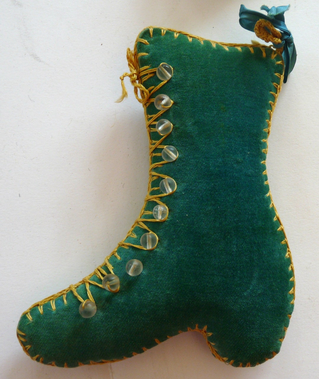 Antique Victorian Hand Worked Pincushion High Button Shoe Boot Green ...