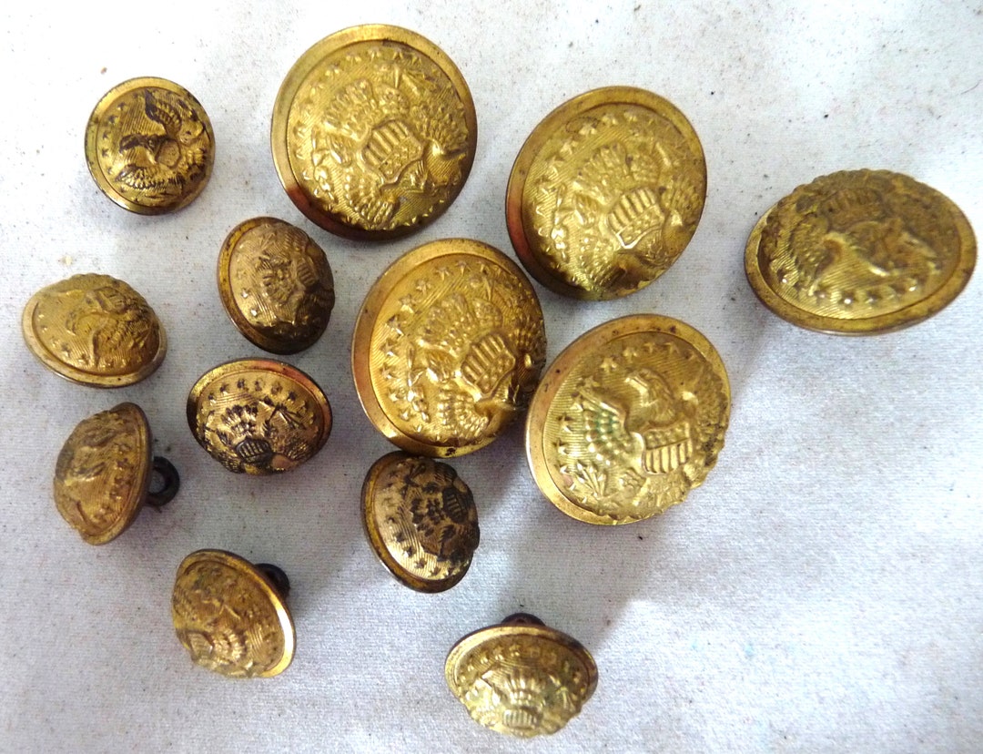 13 Antique Brass Dome US Military Uniform Sewing Buttons Indian War ...