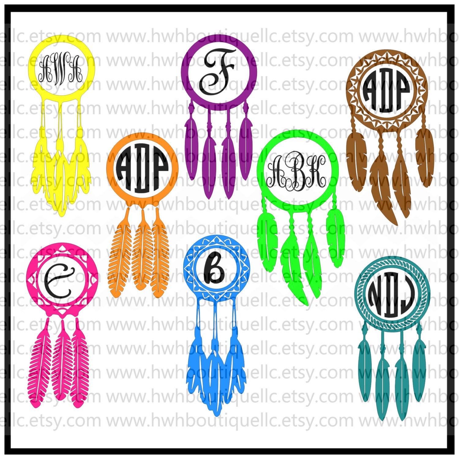 Dream Catcher Feather Monogram Frame Cut Files SVG DXF EPS - Etsy