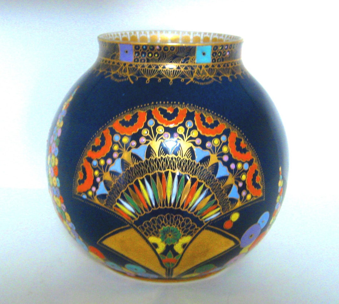 Carlton Ware Egyptian Fan 6 Inch Art Deco Vase on Powder Blue Ground in ...