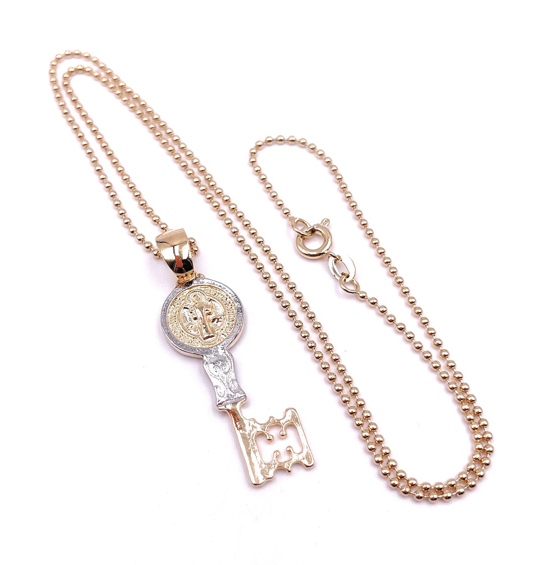 Saint Benedict Key, Charm Necklace, Gold Plated Ball Chain, St Benedict ...