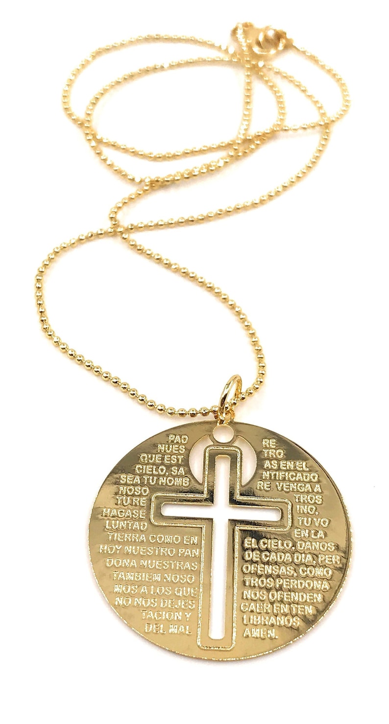 Gold Crucifix Necklace, Our Father Prayer Pendant Necklace, Tiny Gold ...