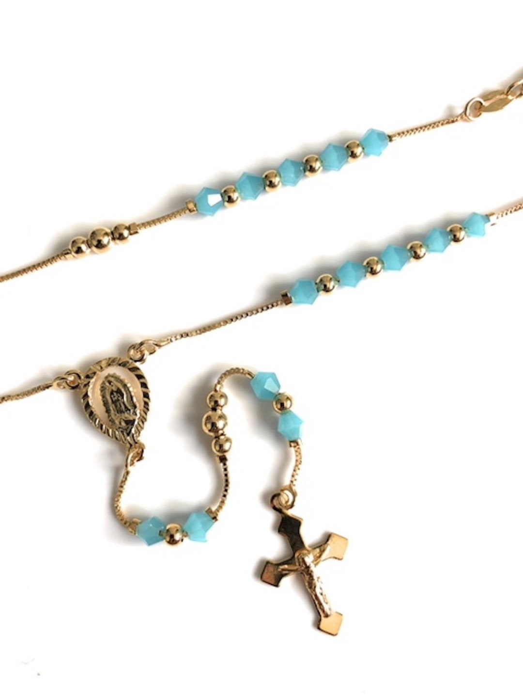 Blue Crystal Rosary Necklace, Y Necklaces, Rosary Beads Necklace, Gold ...