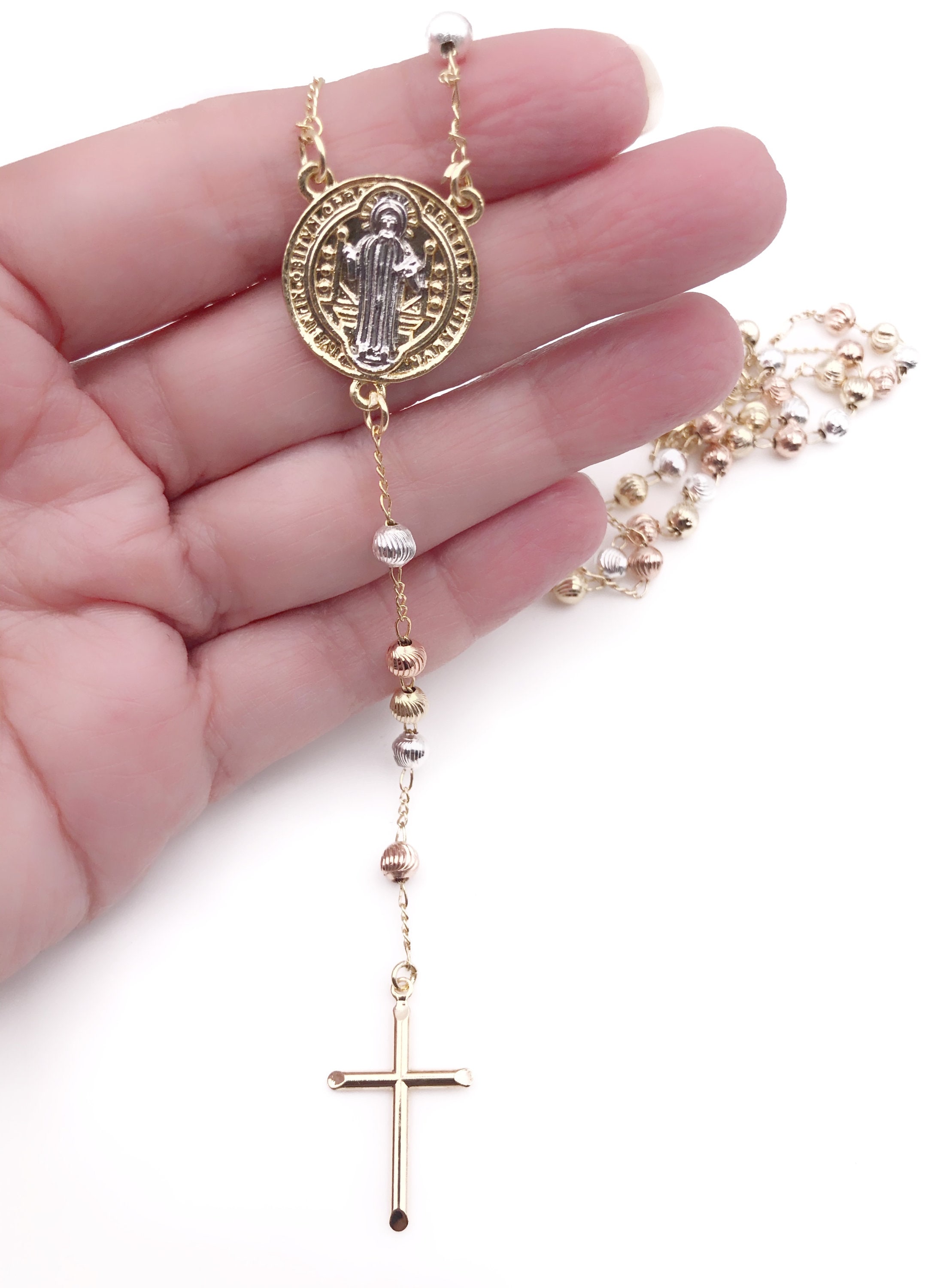 Long Rosary Necklace, Rosary Beads Necklace, Gold Rose and Silver ...