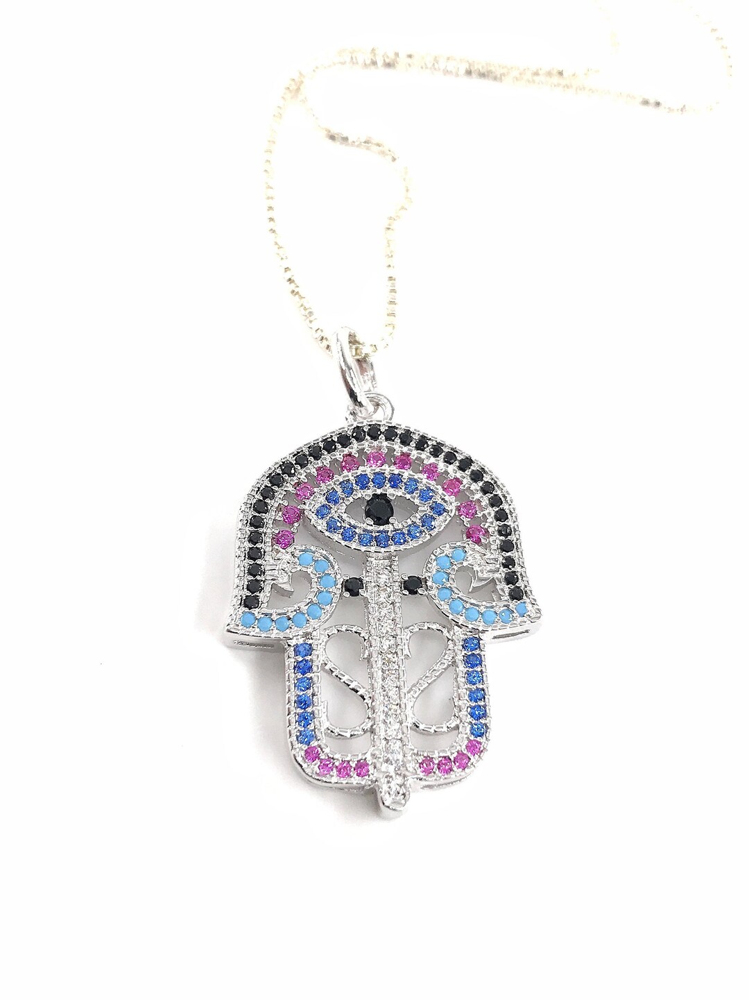 Silver Hand of Fatima Necklace, Evil Eye Silver Plated Pendant, Hamsa ...