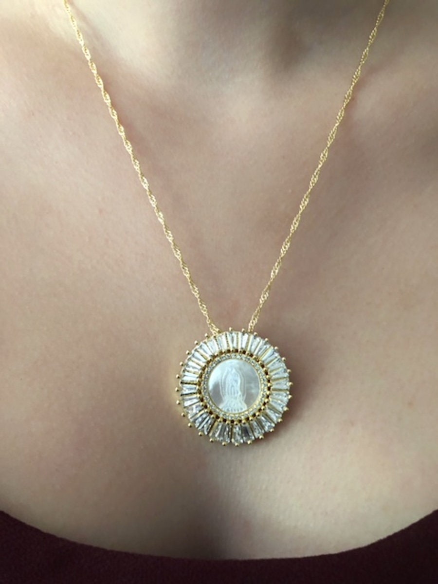 Catholic Pendant Necklace, Our Lady of Guadalupe Mother of Pearl Medal ...